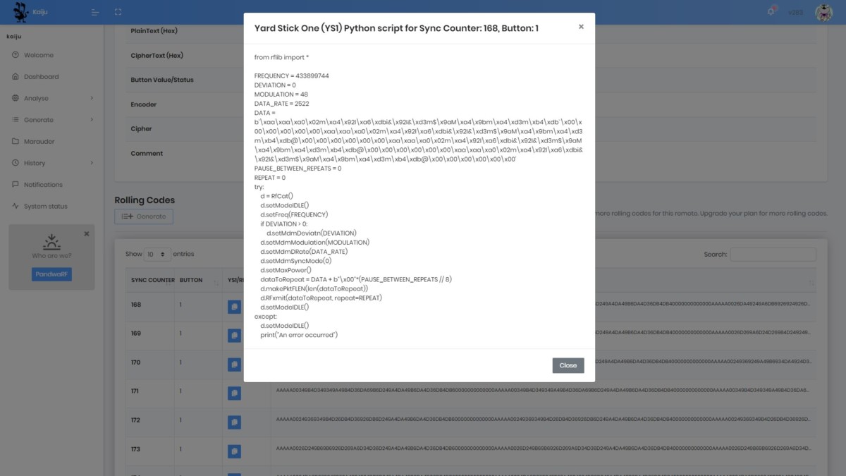 Yard Stick One Python Script Generation From Kaiju Pandwarf